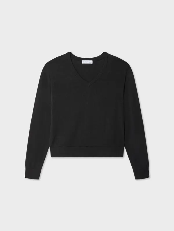 WHITE & WARREN Linen Blend Rib Trim V Neck - Black