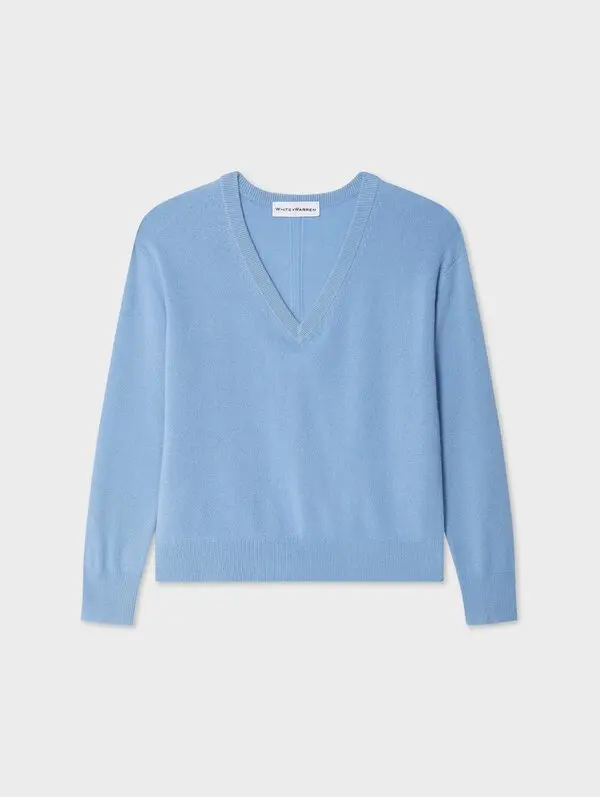 WHITE & WARREN Cashmere V-neck Pullover - Soft Blue