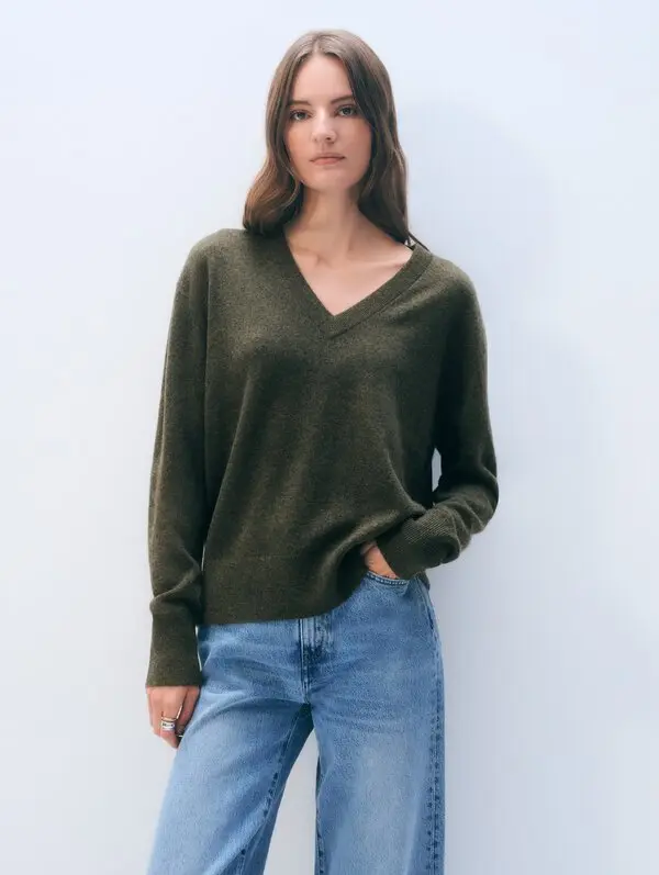 WHITE & WARREN Cashmere V-neck Pullover - Thyme Heather