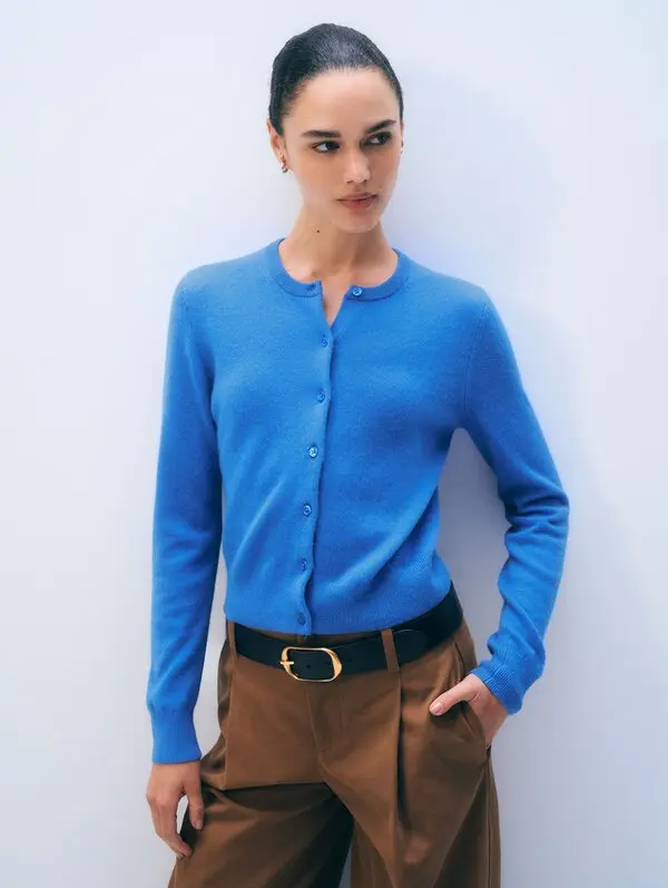 WHITE & WARREN Cashmere Crewneck Cardigan - Blue Canvas