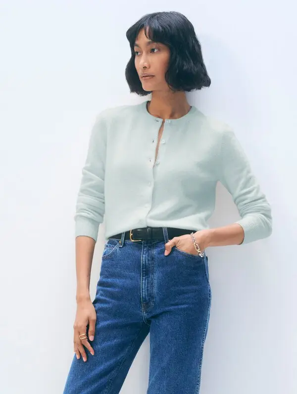 WHITE & WARREN Cashmere Crewneck Cardigan - Blue Fog
