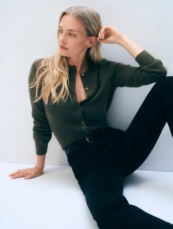 WHITE & WARREN Cashmere Crewneck Cardigan - Thyme Heather