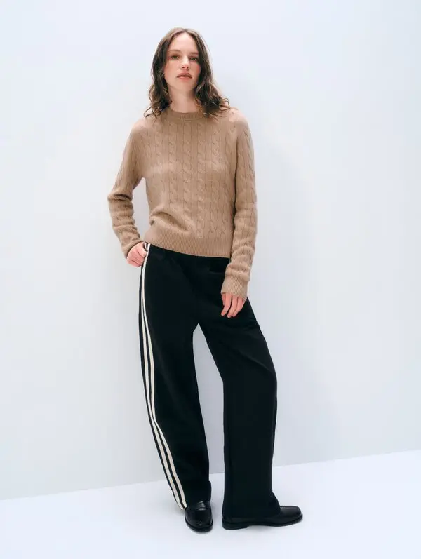 WHITE & WARREN Cashmere Varsity Cable Crewneck Top - Graphite Heather