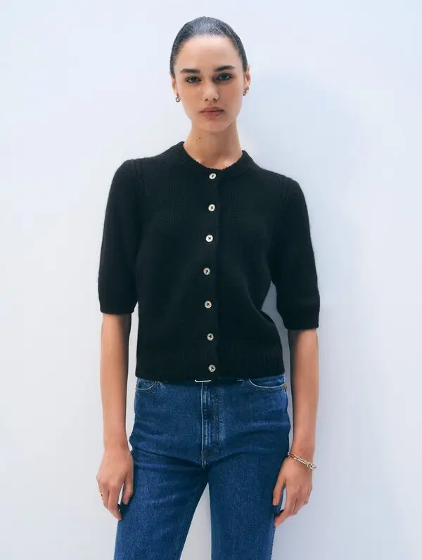 WHITE & WARREN Cashmere Short Sleeve Cardigan - Black