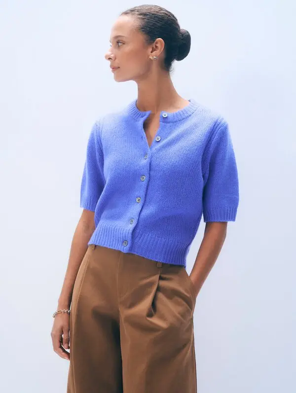 WHITE & WARREN Cashmere Short Sleeve Cardigan Sweater - Blue Iris