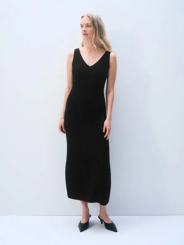 WHITE & WARREN Cashmere Blend Ribbed Midi Dress - Black