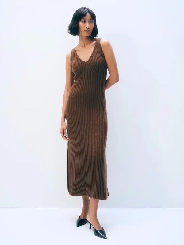 WHITE & WARREN Cashmere Blend Ribbed Midi Dress - Umber