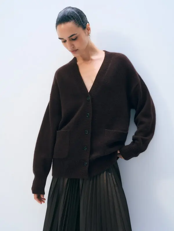 WHITE & WARREN Cashmere Luxe Pocket Cardigan Sweater - Dark Umber