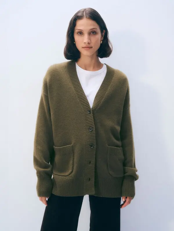 WHITE & WARREN Cashmere Luxe Pocket Cardigan Sweater - Deep Olive