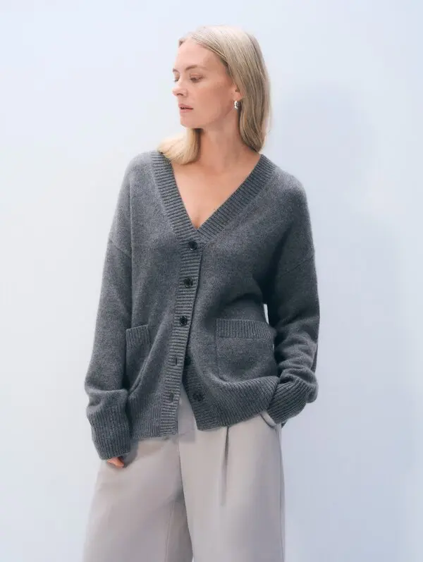 WHITE & WARREN Cashmere Luxe Pocket Cardigan Sweater - Graphite Heather