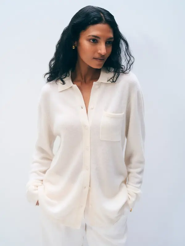 WHITE & WARREN Cashmere Button Shirt Sweater In Size - White