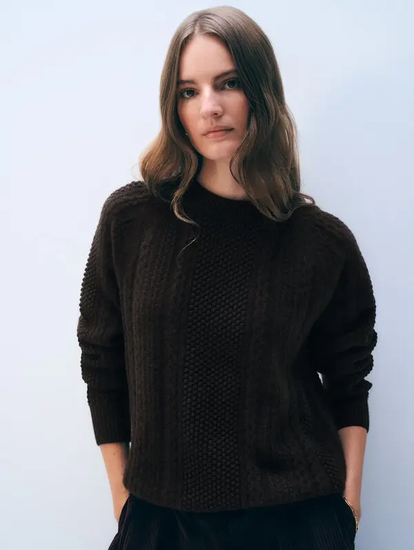 WHITE & WARREN Cashmere Luxe Cable Crewneck Top - Dark Umber