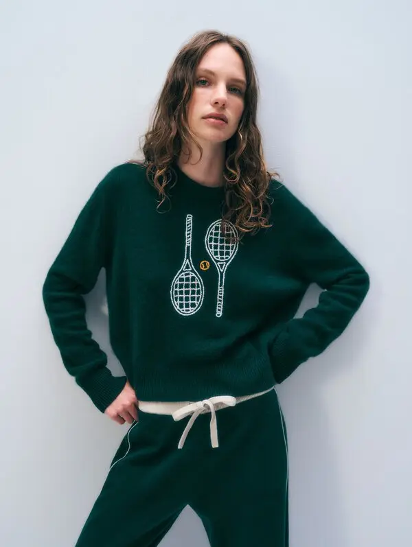 WHITE & WARREN Cashmere Tennis Embroidered Sweatshirt In Size
