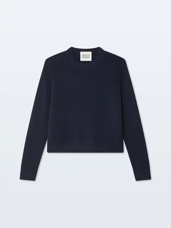 WHITE & WARREN Cashmere Ribbed Trim Crewneck Top - Deep Navy Blue