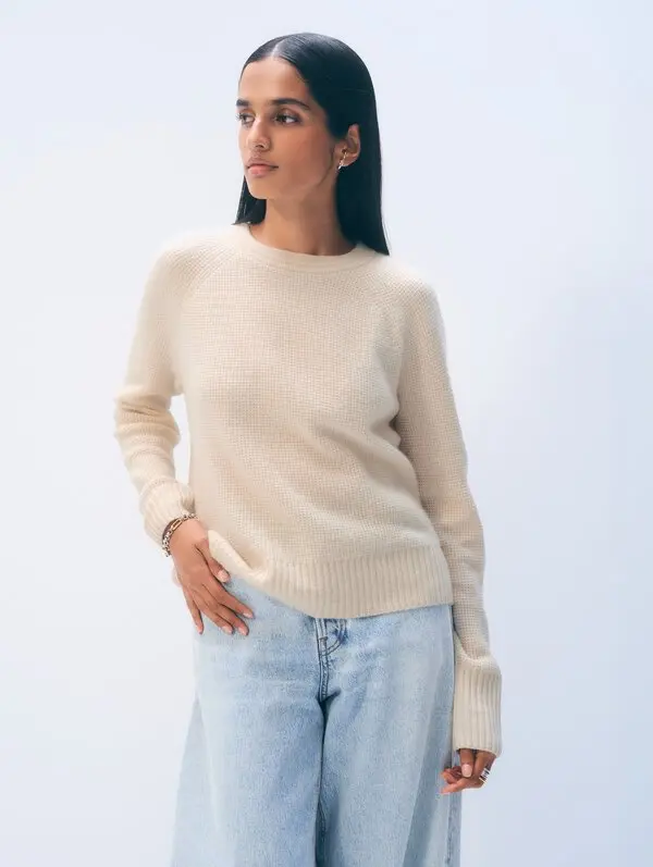 WHITE & WARREN Cashmere Waffle Sweatshirt - Natural Heather
