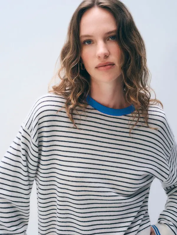 WHITE & WARREN Cashmere Striped Crewneck Top In Size