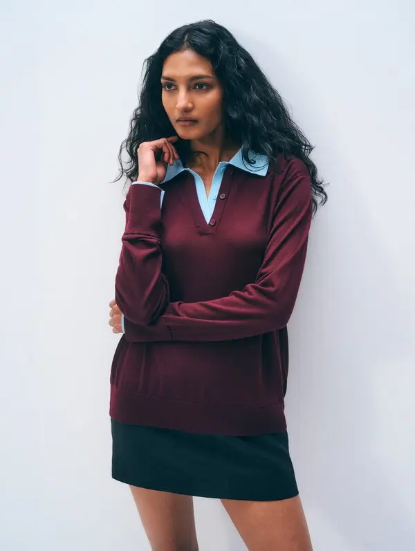 WHITE & WARREN Superfine Merino Layered Polo Sweater In Size - Light Blue