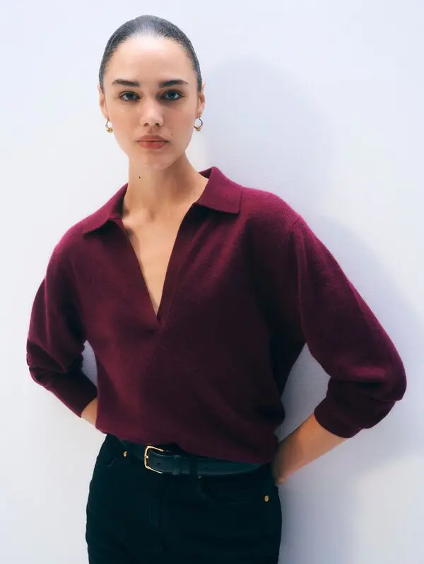 WHITE & WARREN Cashmere Long-sleeved Polo Sweater In Size - Sangria