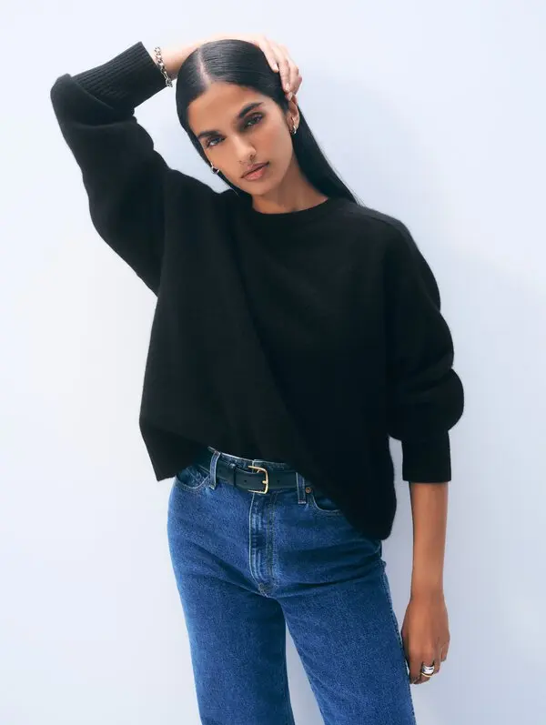 WHITE & WARREN Cashmere Saddle Sleeve Crewneck - Black