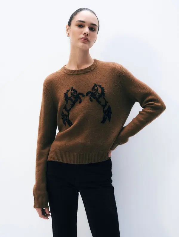 WHITE & WARREN Cashmere Blend Horse Embroidered Crewneck Top - Umber/black