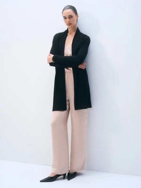 WHITE & WARREN Cashmere Trapeze Cardigan Sweater - Black-