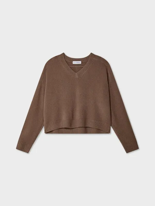 WHITE & WARREN Cashmere Saddle Shoulder V Neck - Saddle Brown