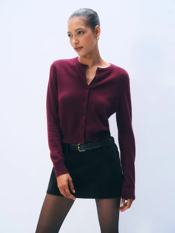 WHITE & WARREN Cashmere Crewneck Cardigan Sweater In Size - Sangria