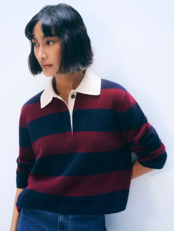 WHITE & WARREN Cashmere Rugby Stripe Polo Sweater - Deep Navy/sangria
