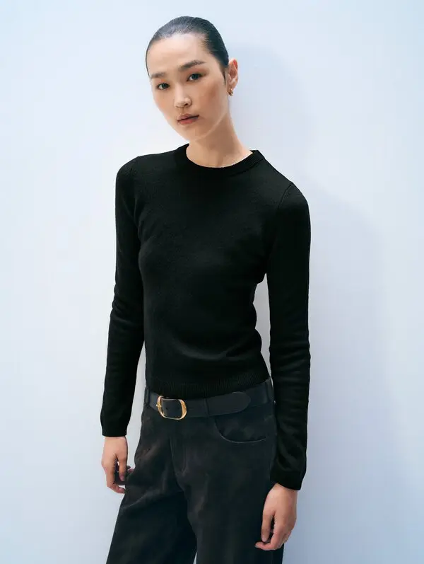 WHITE & WARREN Cashmere Slim Stretch Crewneck Top - Black