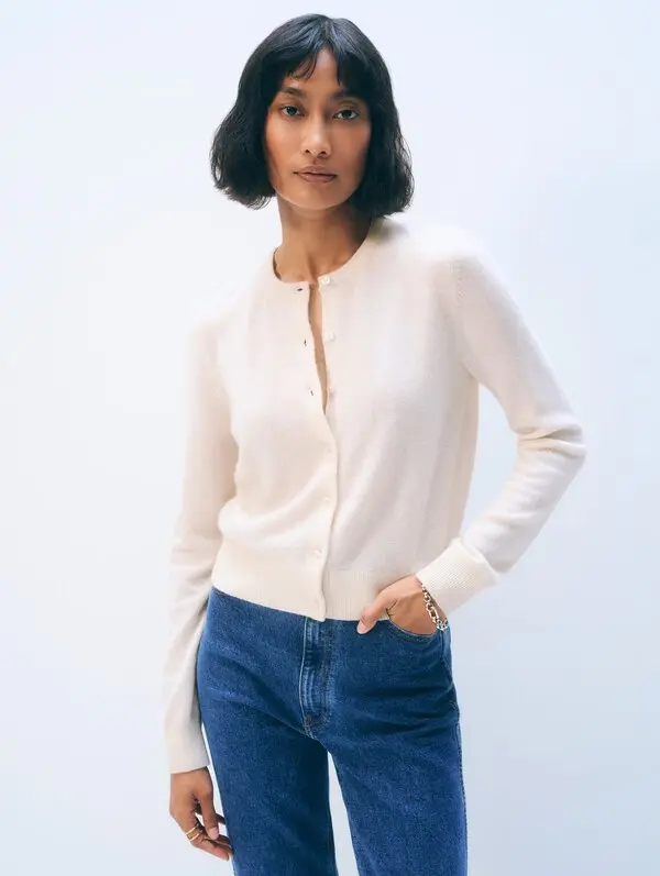 WHITE & WARREN Cashmere Crewneck Cardigan Sweater - White