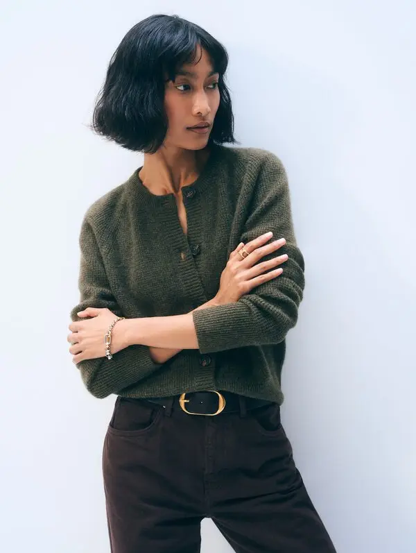 WHITE & WARREN Cashmere Waffle Cardigan Sweater - Thyme Heather