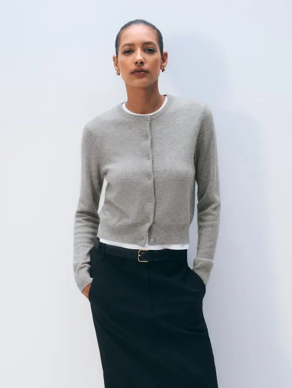 WHITE & WARREN Cashmere Crewneck Cardigan - Grey