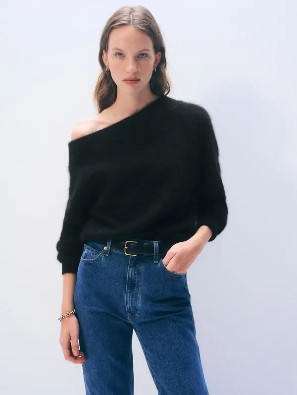 WHITE & WARREN Brushed Cashmere Off Shoulder Crewneck Top - Black
