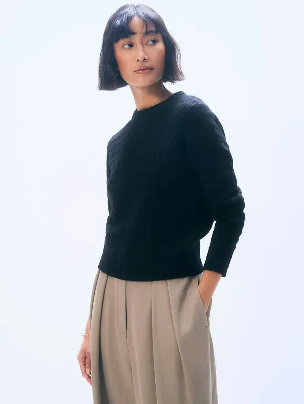 WHITE & WARREN Cashmere Cable Crewneck Top - Black