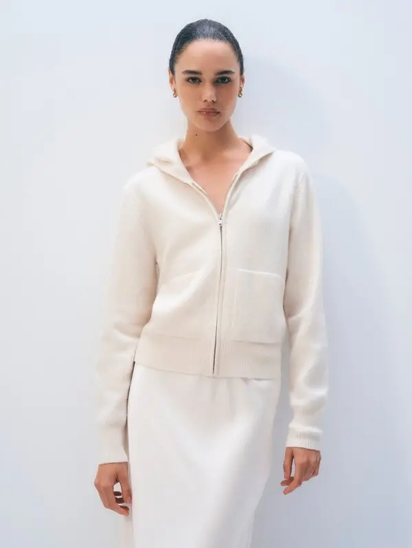 WHITE & WARREN Cashmere Luxe Zip Hoodie - Soft White