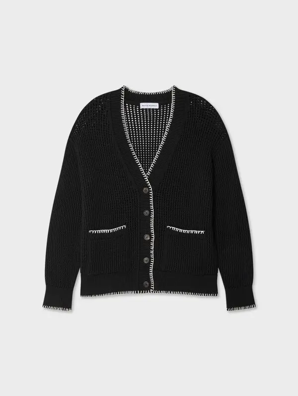 WHITE & WARREN Cotton Blanket Trim Cardigan Sweater - Black/ivory