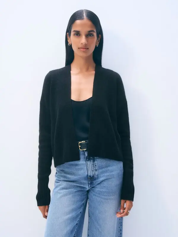 WHITE & WARREN Cashmere Open Front Cardigan Sweater - Black