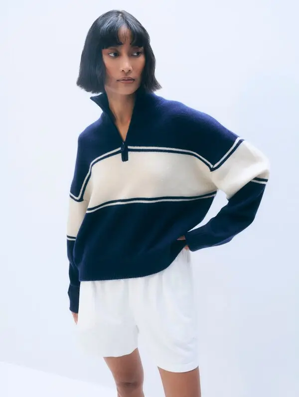 WHITE & WARREN Cashmere Blend Quarter Zip Sweater - Navy