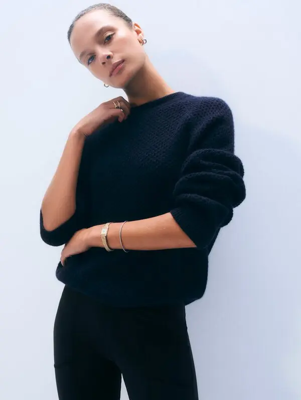 WHITE & WARREN Cashmere Mesh Crewneck Sweater - Deep Navy Blue