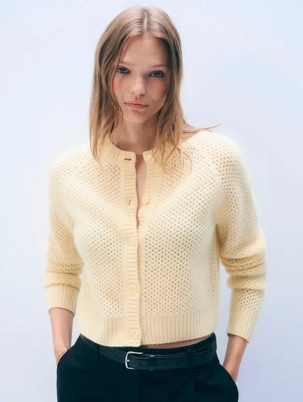 WHITE & WARREN Cashmere Mesh Cardigan Sweater - Lemonade