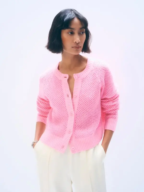 WHITE & WARREN Cashmere Mesh Cardigan Sweater - Pink Buds