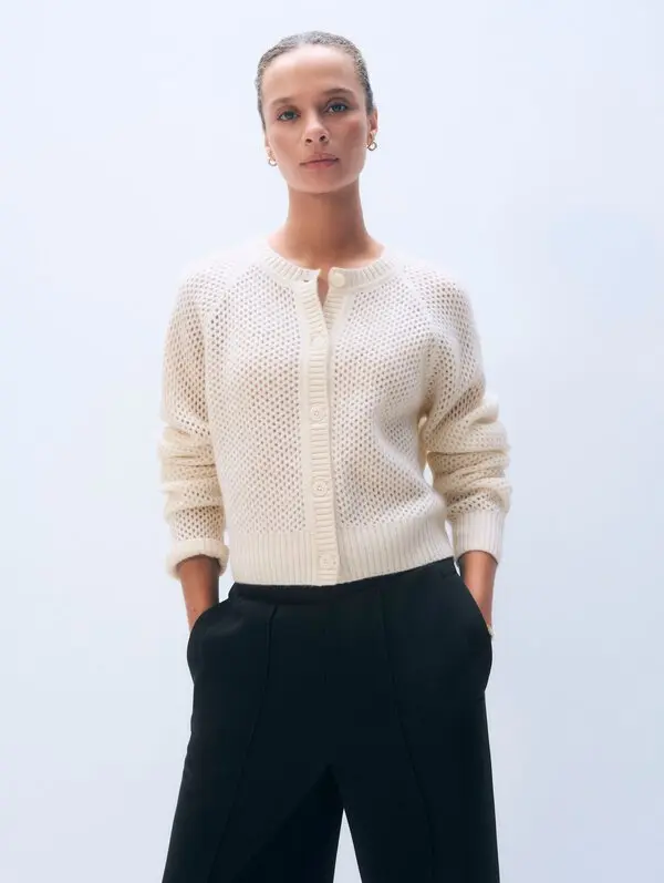 WHITE & WARREN Cashmere Mesh Cardigan Sweater - Soft White