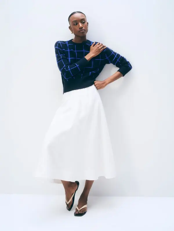 WHITE & WARREN Cashmere Windowpane Crewneck Top In Size - Blue