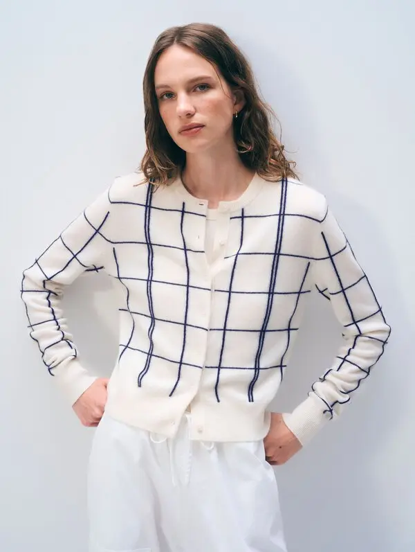 WHITE & WARREN Cashmere Windowpane Jacket Sweater - White
