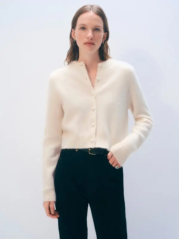 WHITE & WARREN Brushed Cashmere Crewneck Cardigan - Ivory