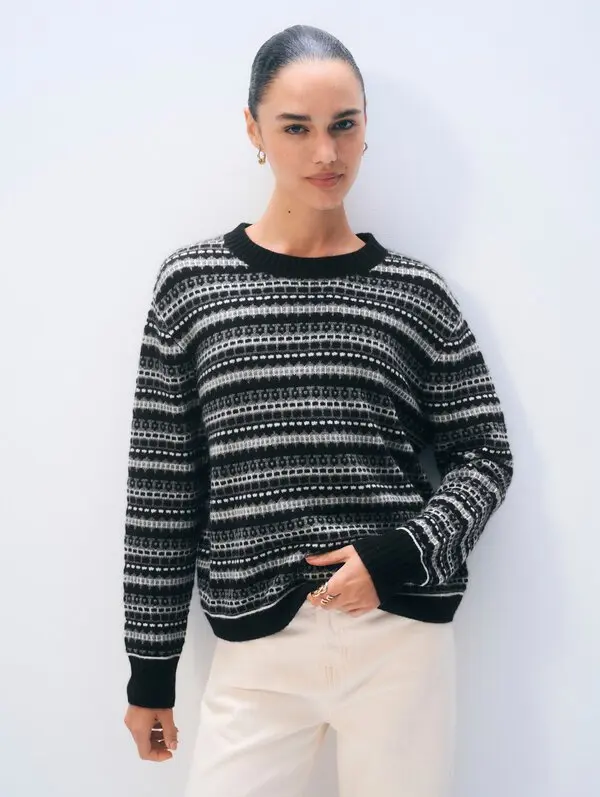 WHITE & WARREN Cashmere Fair Isle Crewneck Top - Black Combo