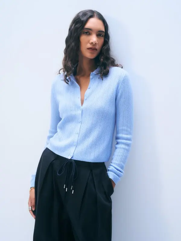 WHITE & WARREN Cashmere Pointelle Shirt Sweater In Size - Blue