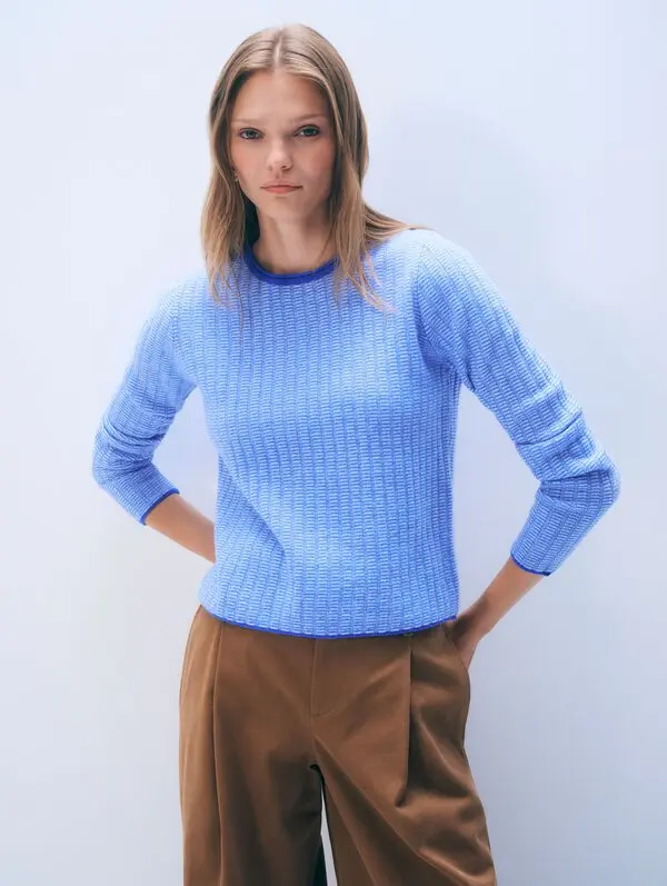 WHITE & WARREN Cashmere Textured Crewneck Top - Blue Combo