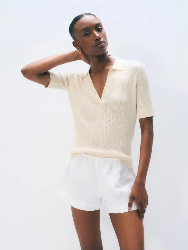 WHITE & WARREN Cashmere Linen Blend Polo Sweater In Size In Linen/cashmere - Ivory