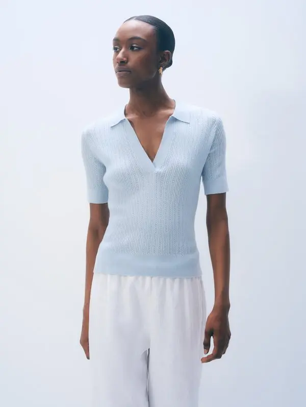 WHITE & WARREN Cashmere Linen Blend Polo Sweater In Size In Linen/cashmere